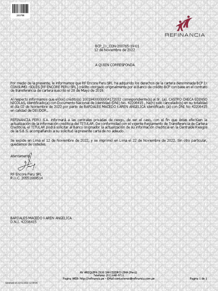 Constancia de No Adeudo - Bardales Macedo Karen | PDF