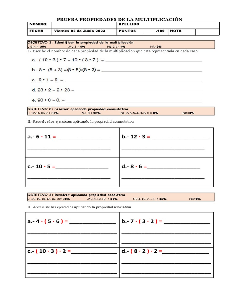 Prueba Propiedades de La Multiplicacion | PDF | Métodos y materiales de ...