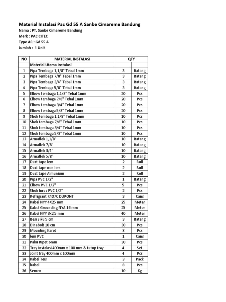 Material Instalasi AC Gd 55 A Sanbe | PDF