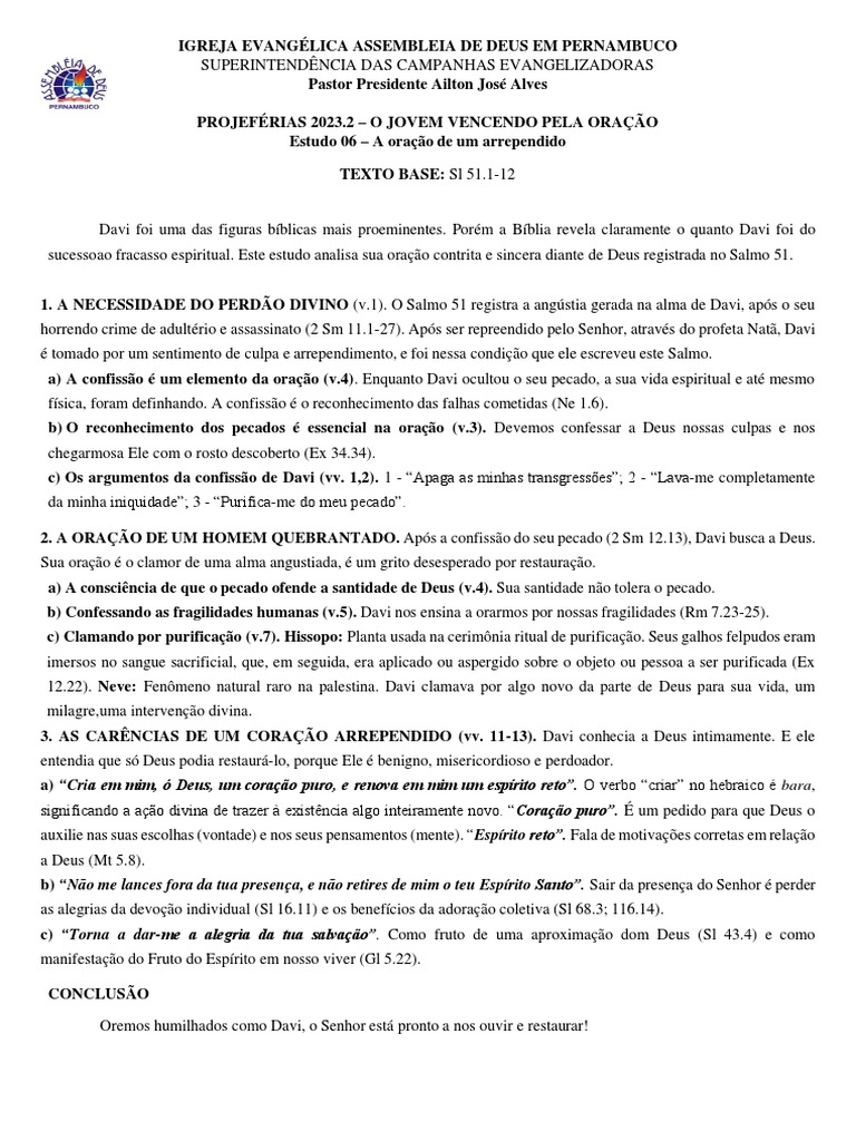 Estudo 06 - A Oração de Um Arrependido | PDF | Pecado | Davi