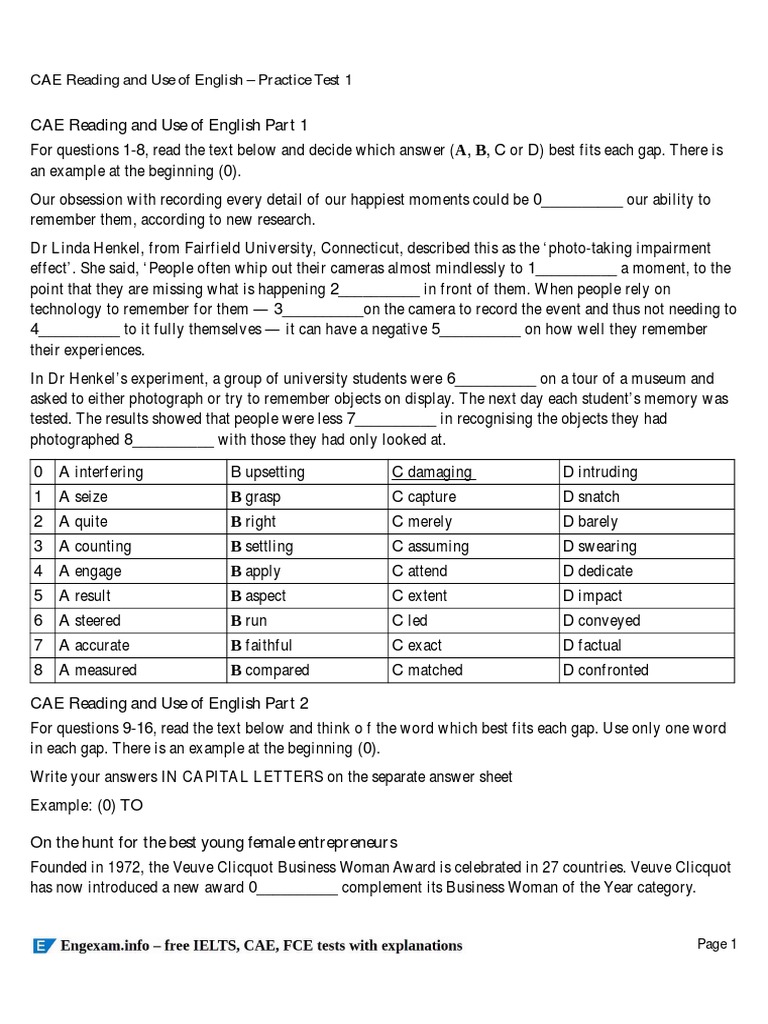 CAE Reading And Use Of English Practice Test 1 Printable PDF