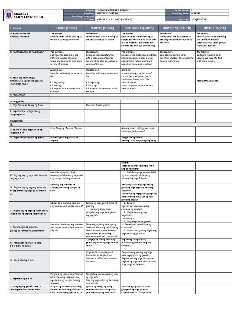 DLL - Mapeh 1 - Q3 - W7 | PDF | Learning | Cognition