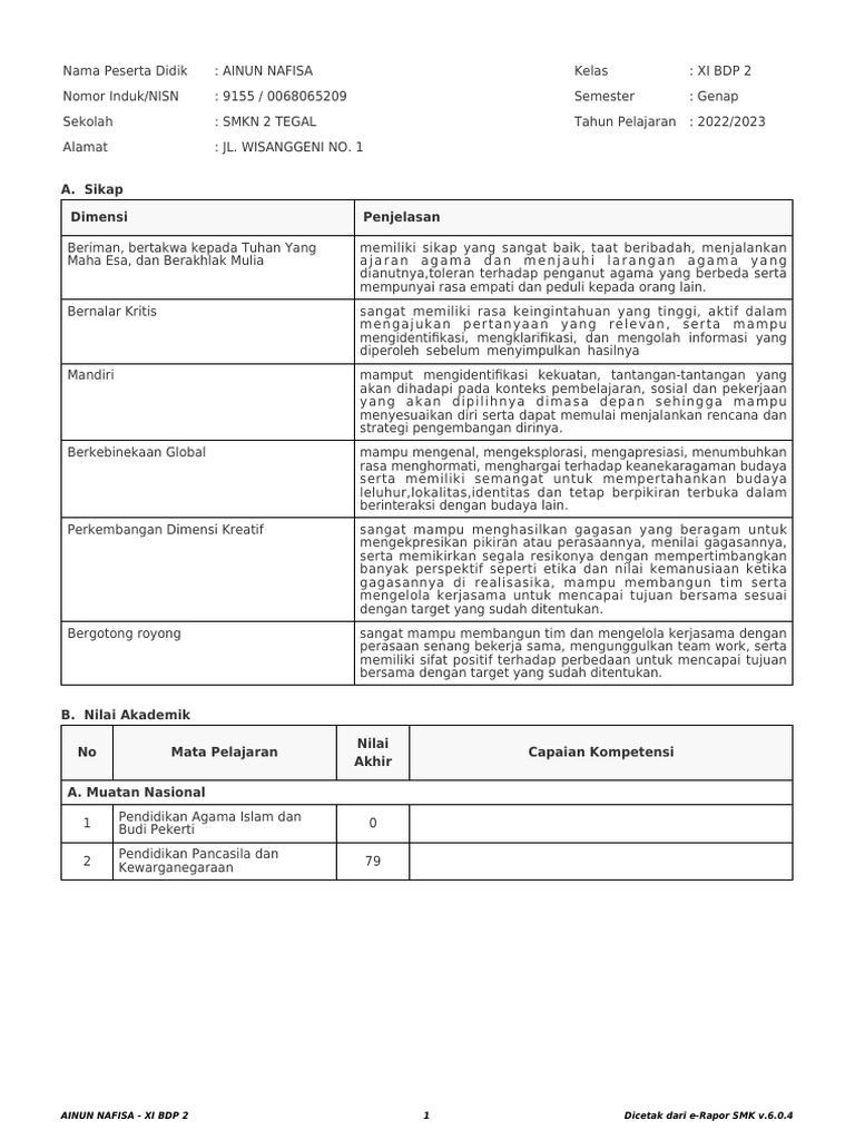 Rapor Ainun Nafisa - Xi BDP 2 - 3 | PDF