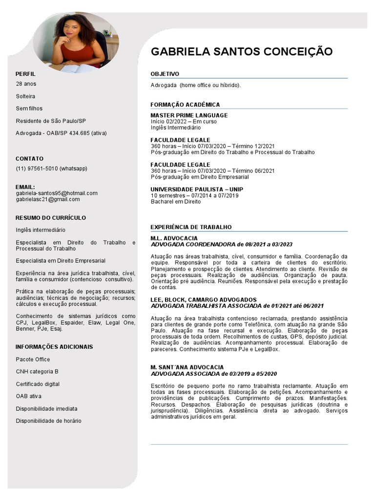 CV - Gabriela Santos Conceição - Atualizado | PDF | Advogado | Justiça