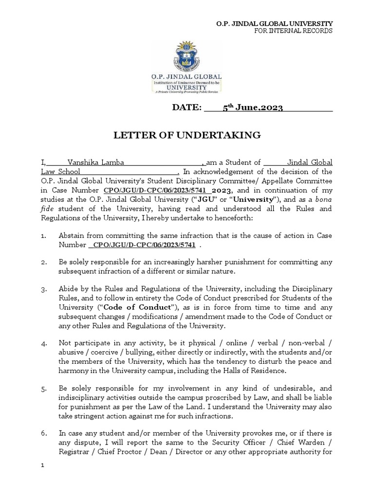 Template - Letter of Undertaking (For Students) | PDF | Government ...
