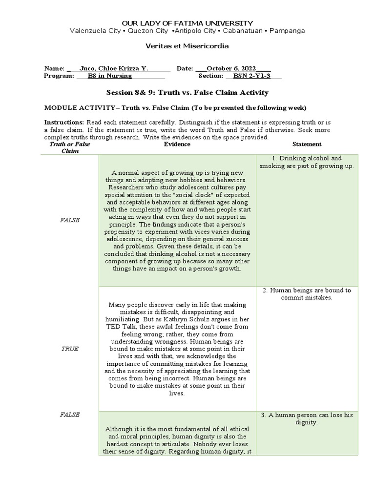Session 8&9 - Truth vs. False Claim Activity - Final | PDF | Truth ...