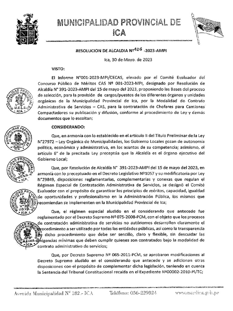 Bases de Concurso Publico de Méritos - CAS #001-2023-MPI | PDF