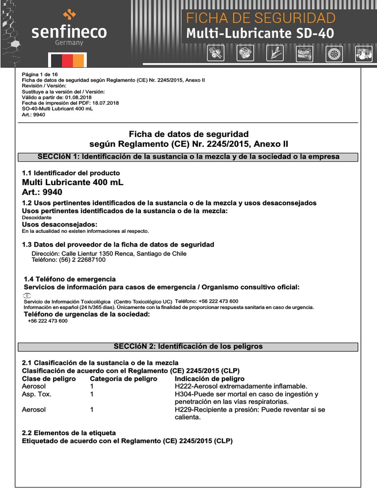 Ficha de Seguridad SO-40 Multi Lubricante | PDF | Agua | Solubilidad