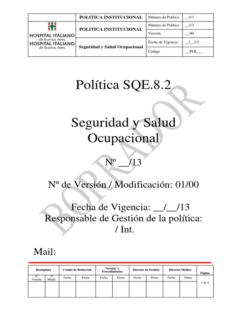 Política SQE.8.2 | PDF | Seguridad y salud ocupacional | Hospital