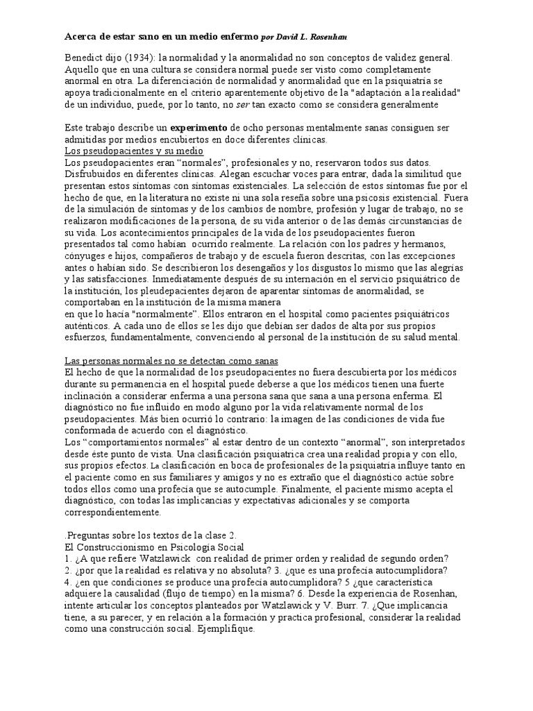 Resumen Acerca de Estar Sano en Un Medio Enfermo Rosenhan | PDF ...