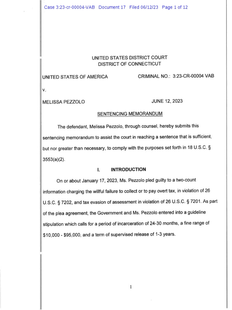 PEZZOLO Melissa Sentencing Memo | PDF | Misconduct | Crimes