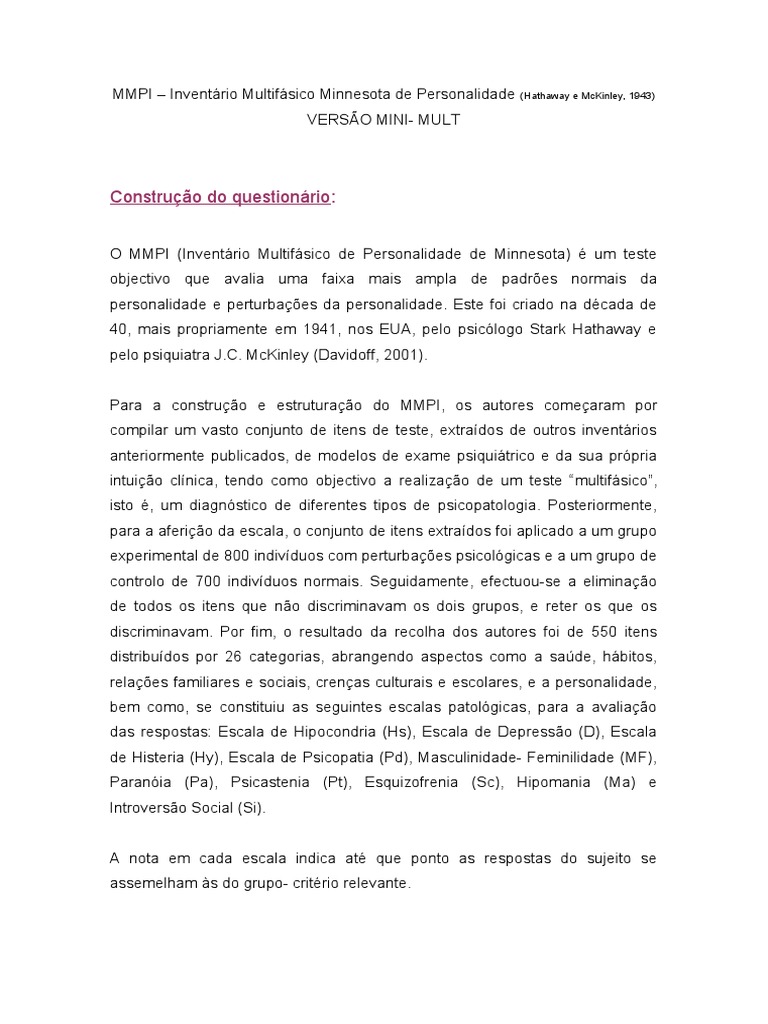 MINI-MULT - Interpretação | PDF | Depressão | Ansiedade