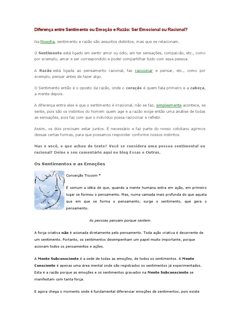 Diferença Entre Sentimento Ou Emoção e Razão | PDF | Emoções | Pensamento