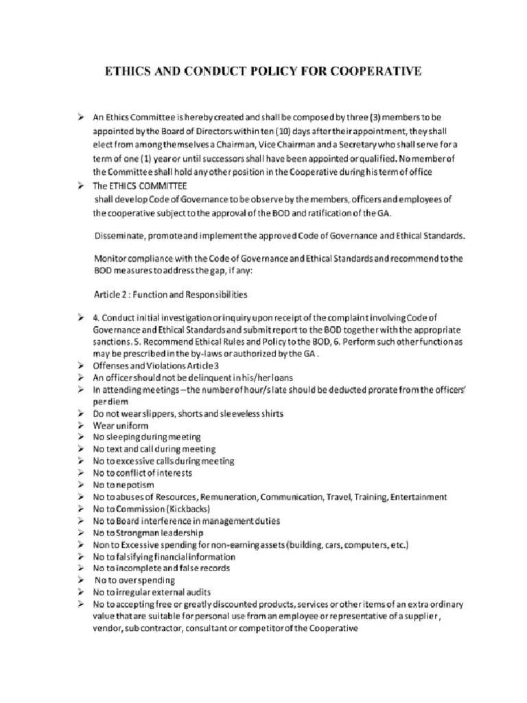 Ethics and Conduct Policy For Cooperative | PDF