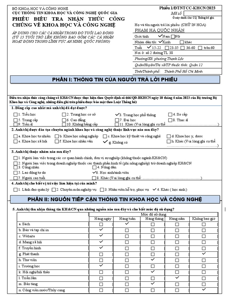 Phieu Dieu Tra NTCC 2023 | PDF