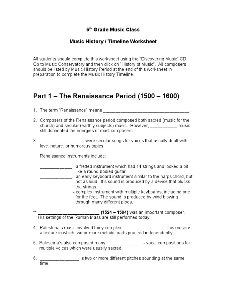 6th Grade Music History Timeline Worksheet | PDF | Classical Period ...