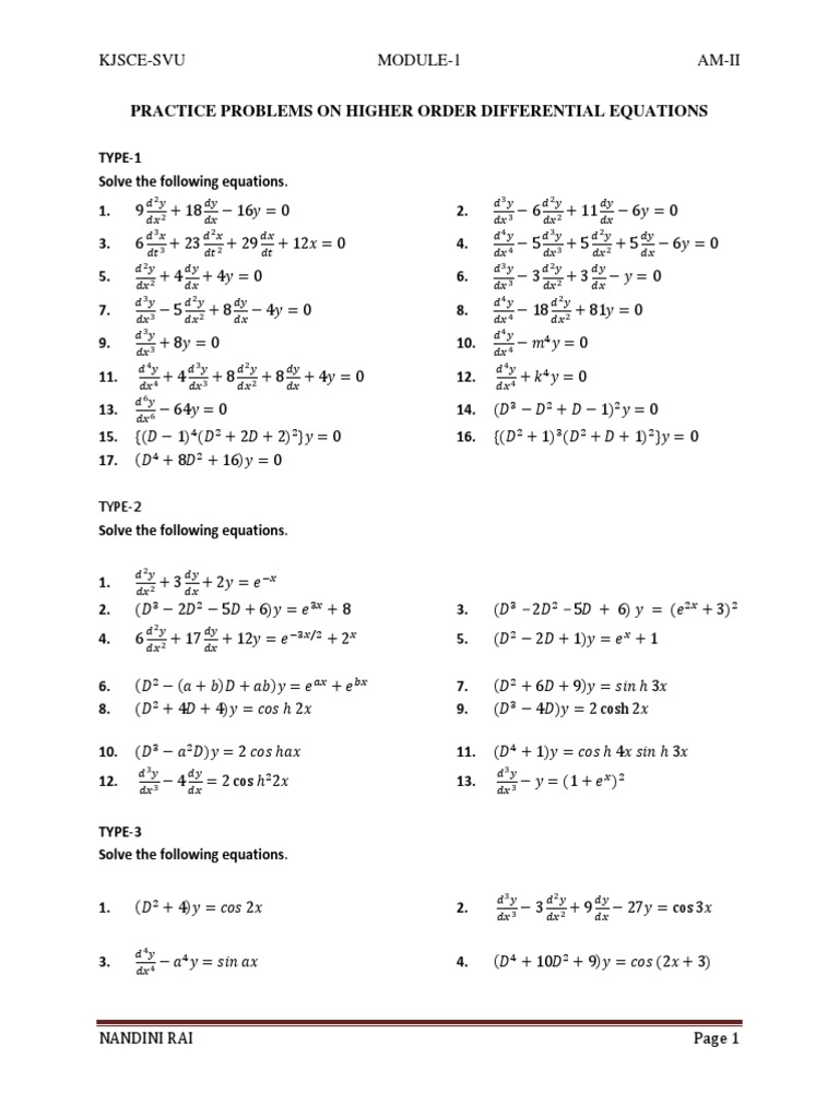 Higher Order Differential Equations Practice | PDF | Equations ...