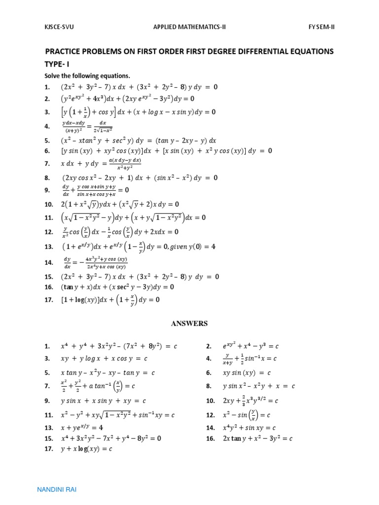 Practice Problems On First Order First Degree Differential Equations ...
