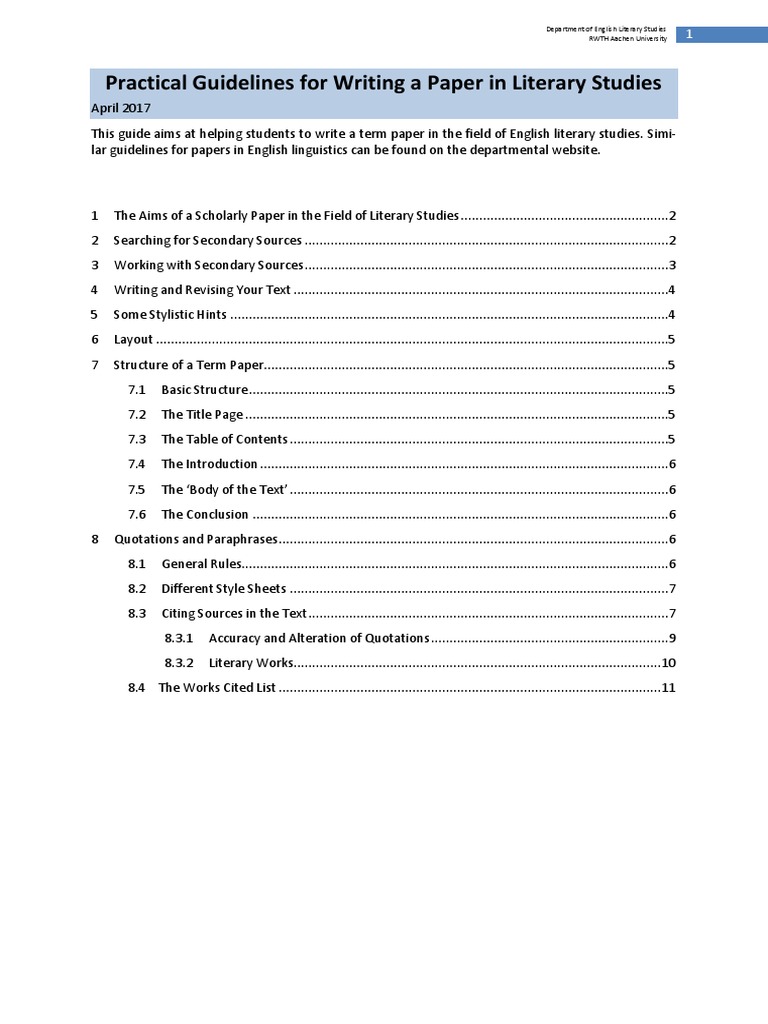 Practical Guidelines For Writing A Paper in Literary Studies | PDF ...