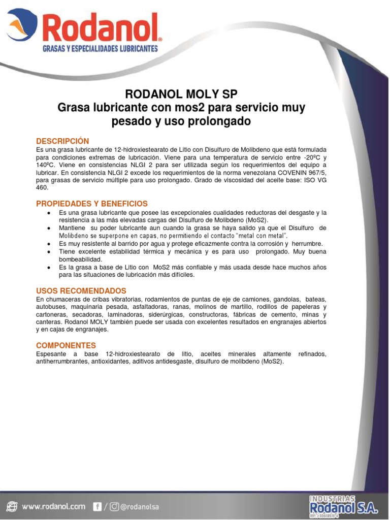 Grasa Rodanol MOLY con MoS2 | PDF | Lubricante | Materiales