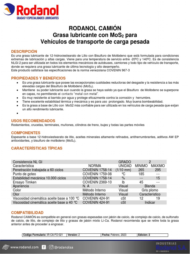 Hoja Técnica Rodanol Camión | PDF | Lubricante | Materiales