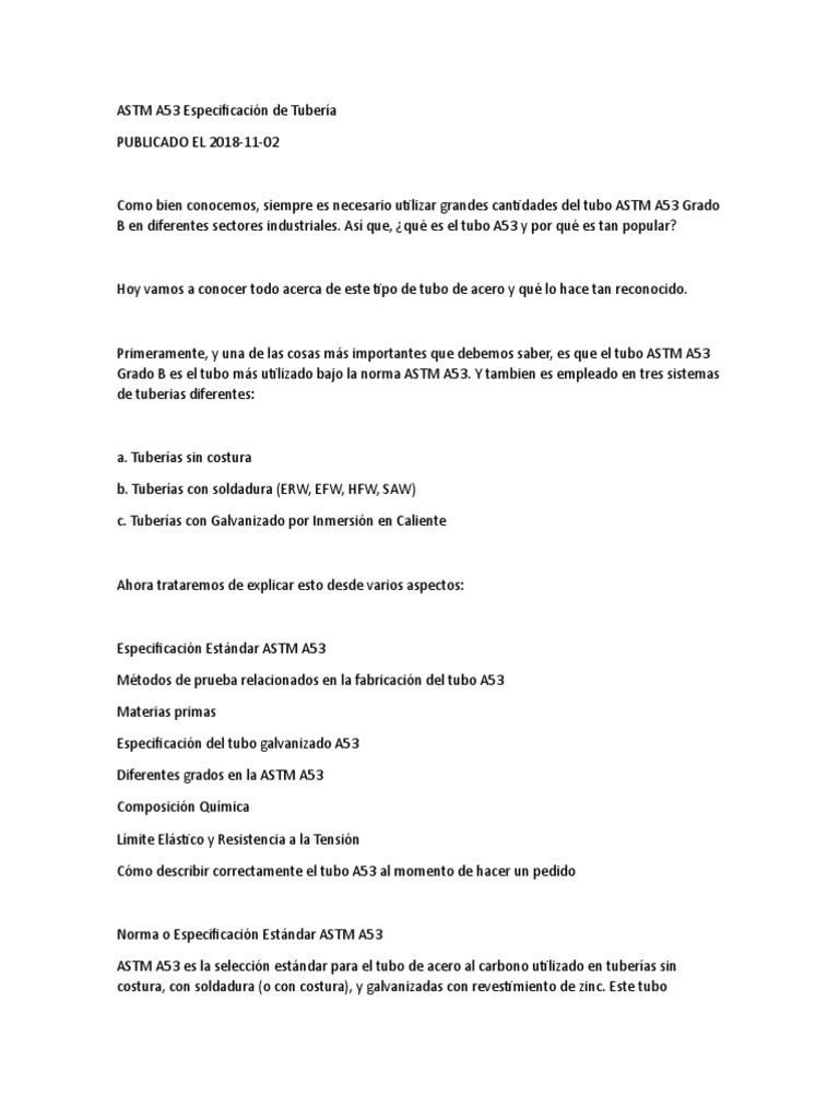 Especificaciones del Tubo ASTM A53 | PDF | Tubería (transporte de ...