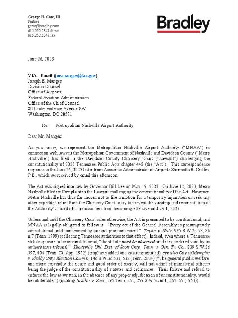 BNA Response To FAA Letter | PDF | Lawsuit | Tennessee