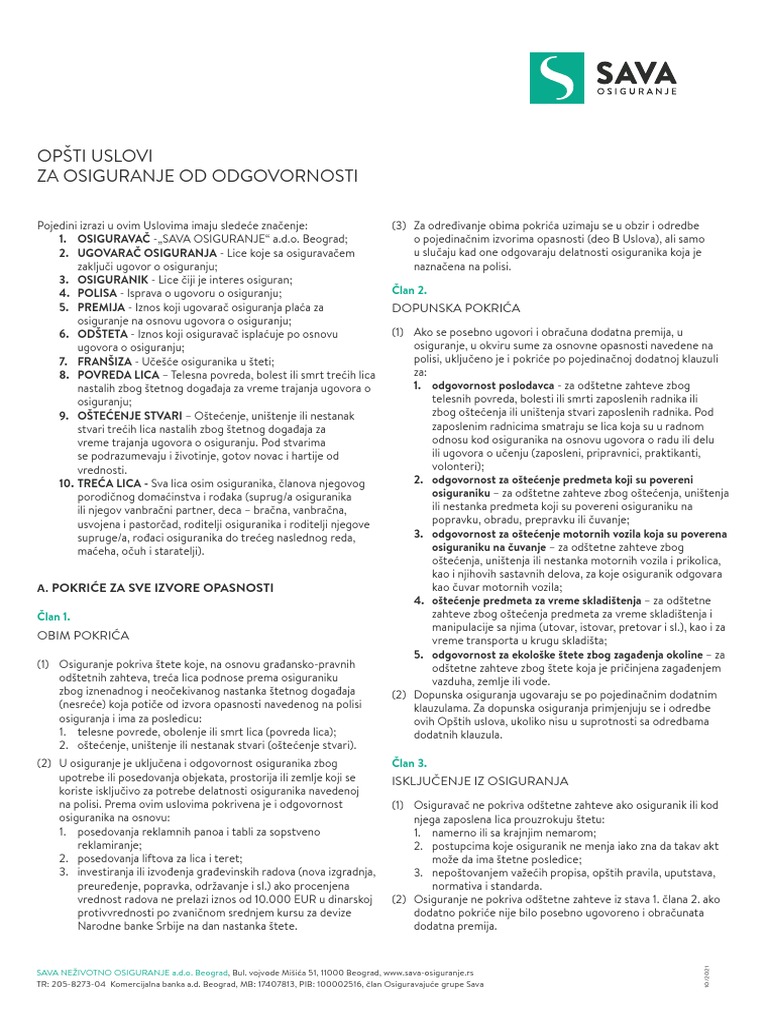 Opsti-Uslovi-Za-Osiguranje-Od-Odgovornosti SAVA | PDF