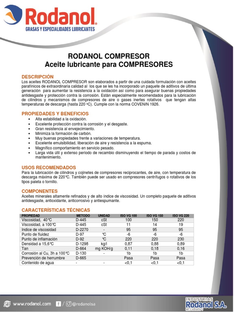 Hoja Tecnica Rodanol Compresor | PDF | Lubricante | Materiales