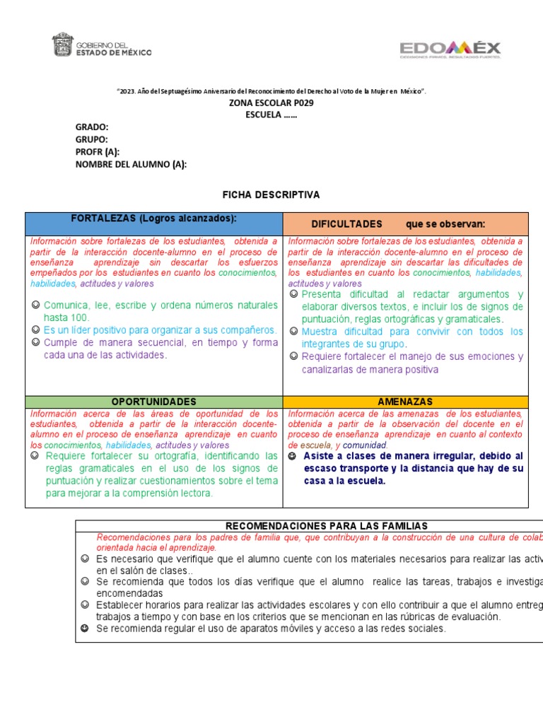 Fichas Descripvivas Alumnos P029 | PDF | Enseñando | Aprendizaje