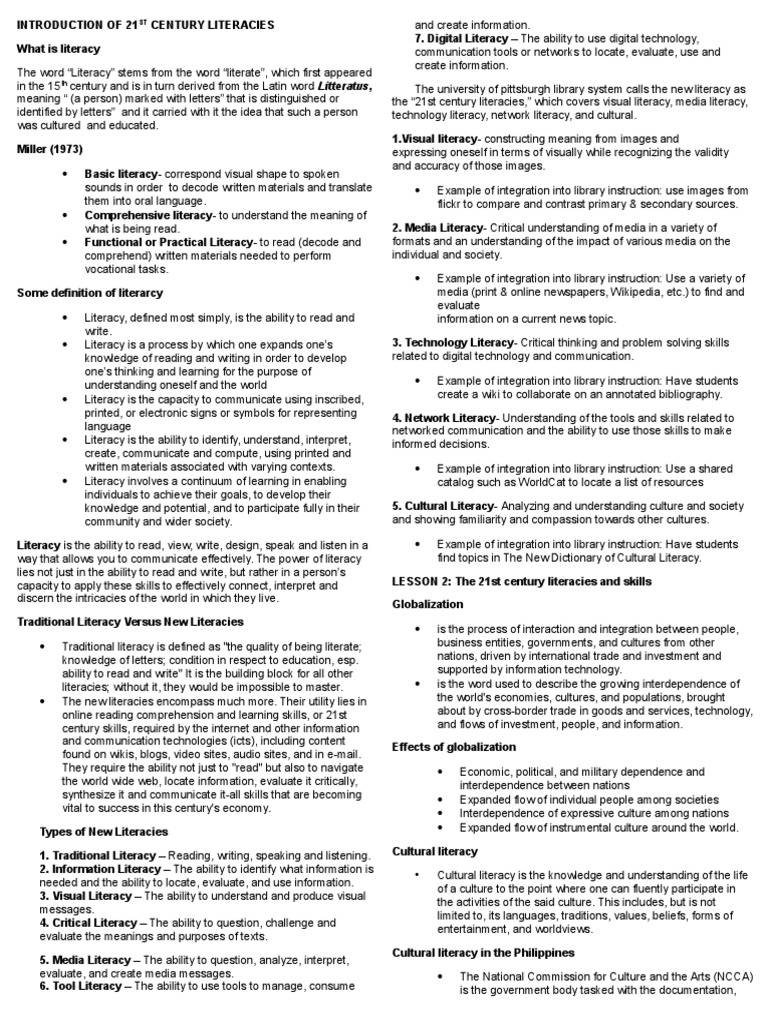 Introduction of 21st Century Literacies Reviewer | PDF | Literacy | Libraries
