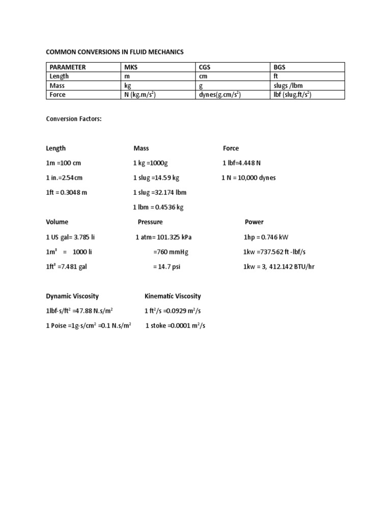 Fluid Mechanics Unit Conversion Chart | PDF