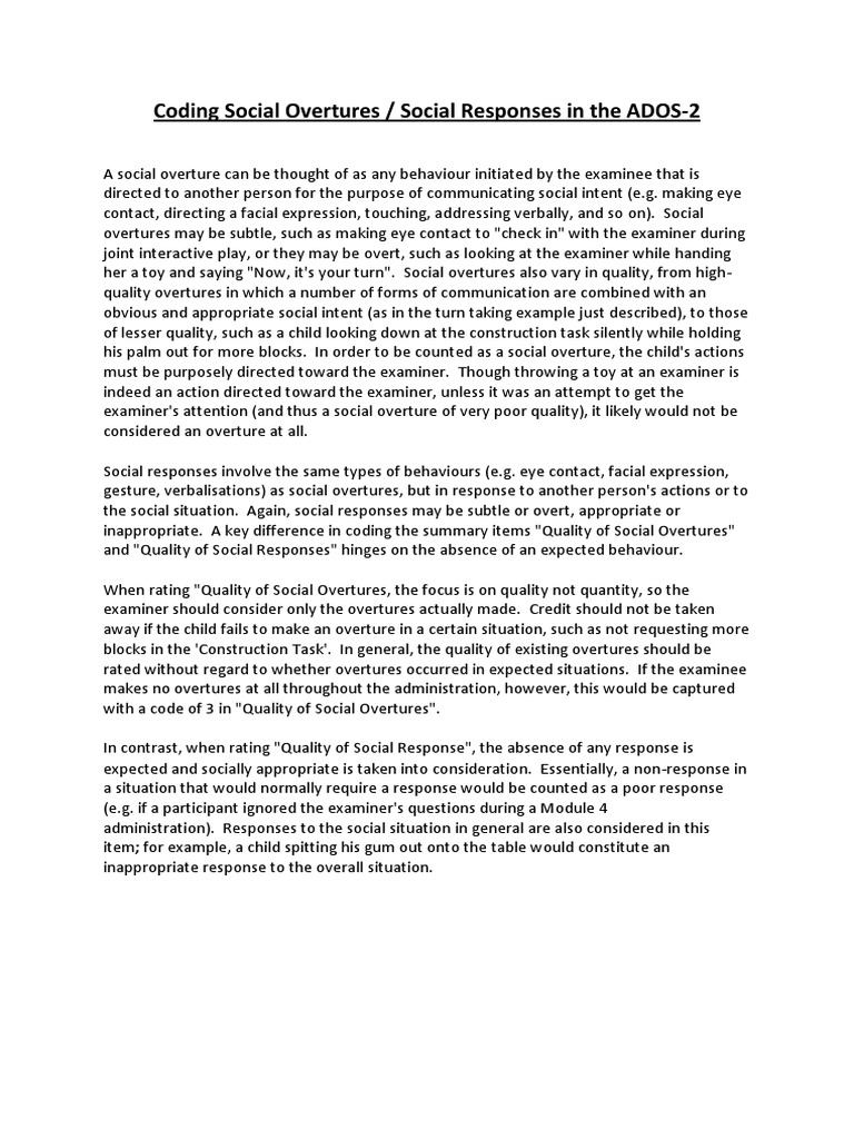 ADOS-2 Social Overtures & Responses Guide | PDF | Social Psychology ...