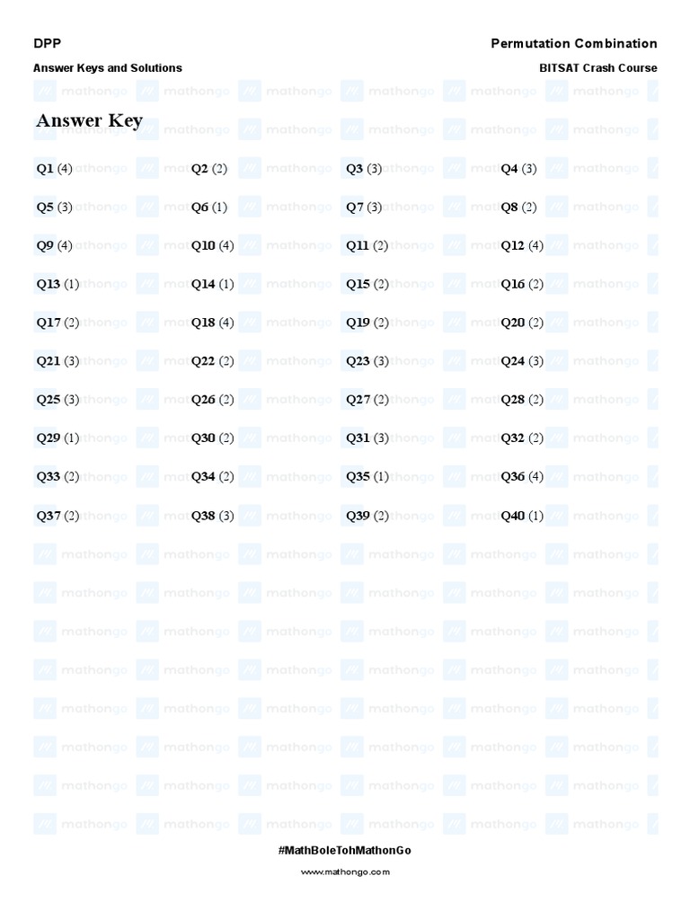 Answer Key: Permutation Combination | PDF | Mathematics | Mathematical ...