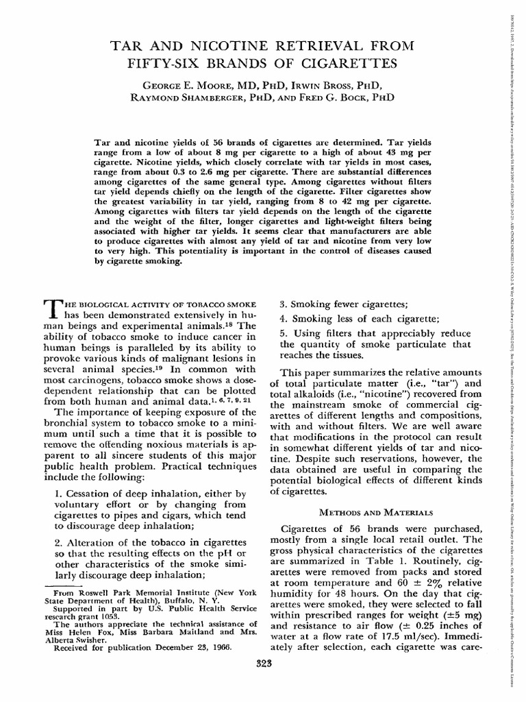 Cancer - 1967 - Moore - Tar and Nicotine Retrieval From Fifty Six ...