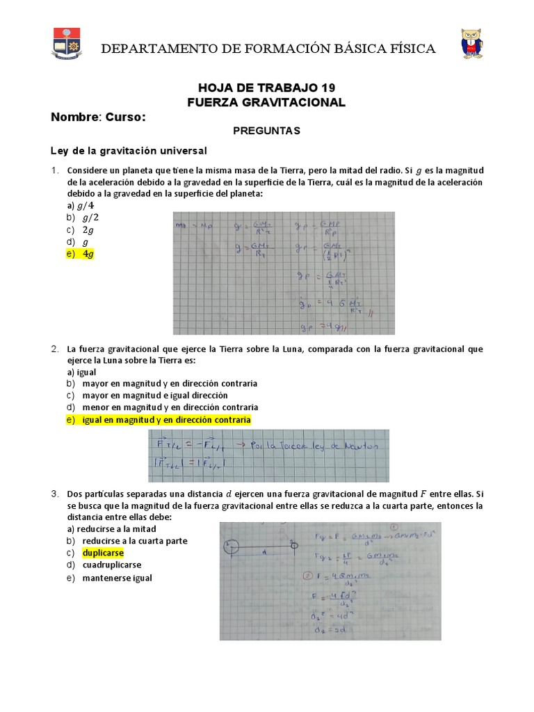 Hoja de trabajo 19 - Ley de la gravitación universal | PDF | Gravedad ...