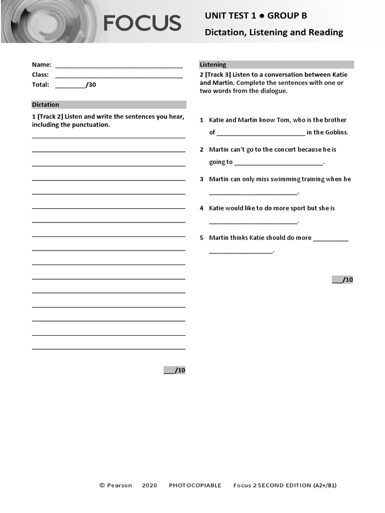 Focus2 2E Unit Test Dictation Listening Reading Unit1 GroupB | PDF