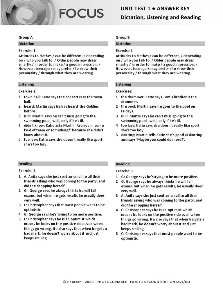 Focus2 2E Unit Test Dictation Listening Reading Unit1 GroupA B ANSWERS ...