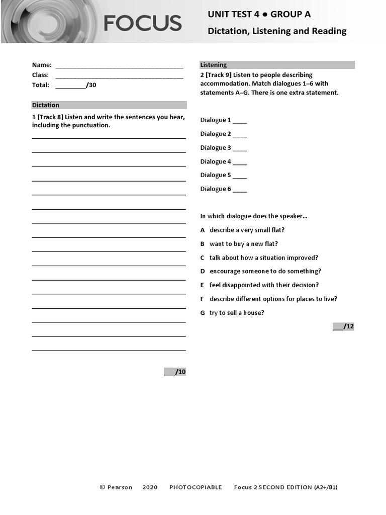 Focus2 2E Unit Test Dictation Listening Reading Unit4 GroupA | PDF