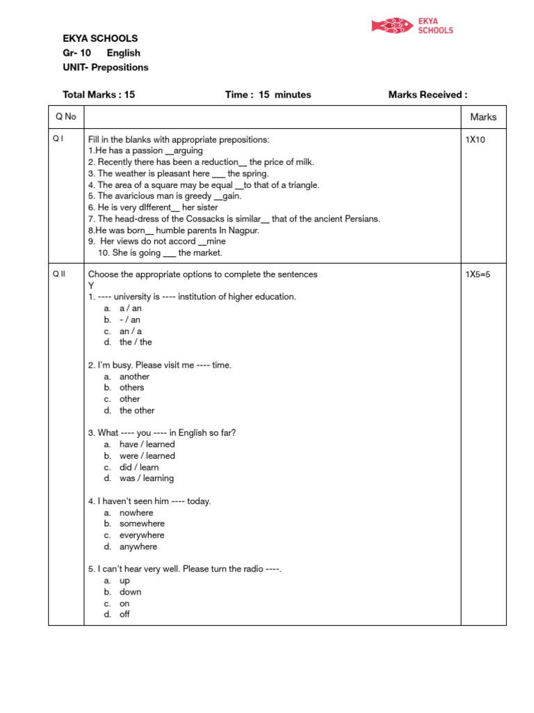 Gr10 Prepositions Chapter Test ICSE | PDF