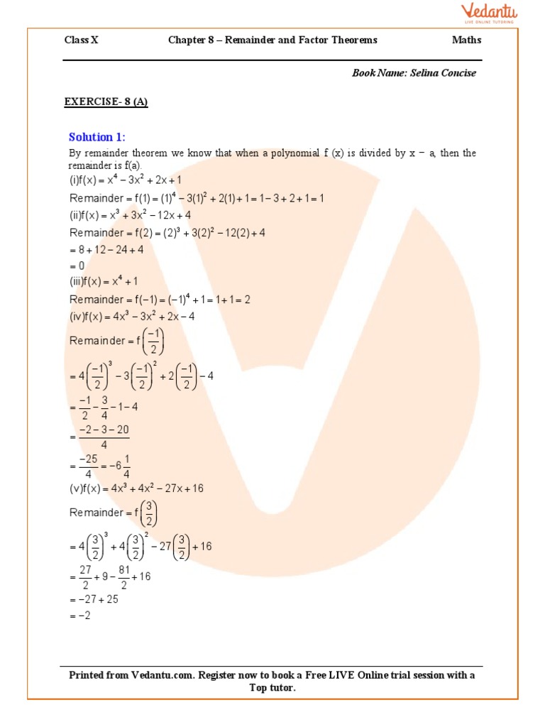 Class 10 - Maths - Remainder and Factor Theorems Solutions | PDF ...