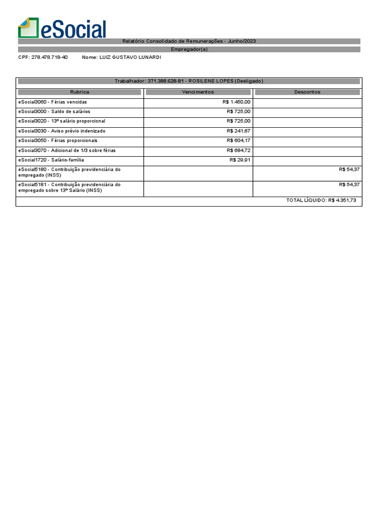 ESocial Relatorio Consolidado Remuneracoes Junho 2023 | PDF