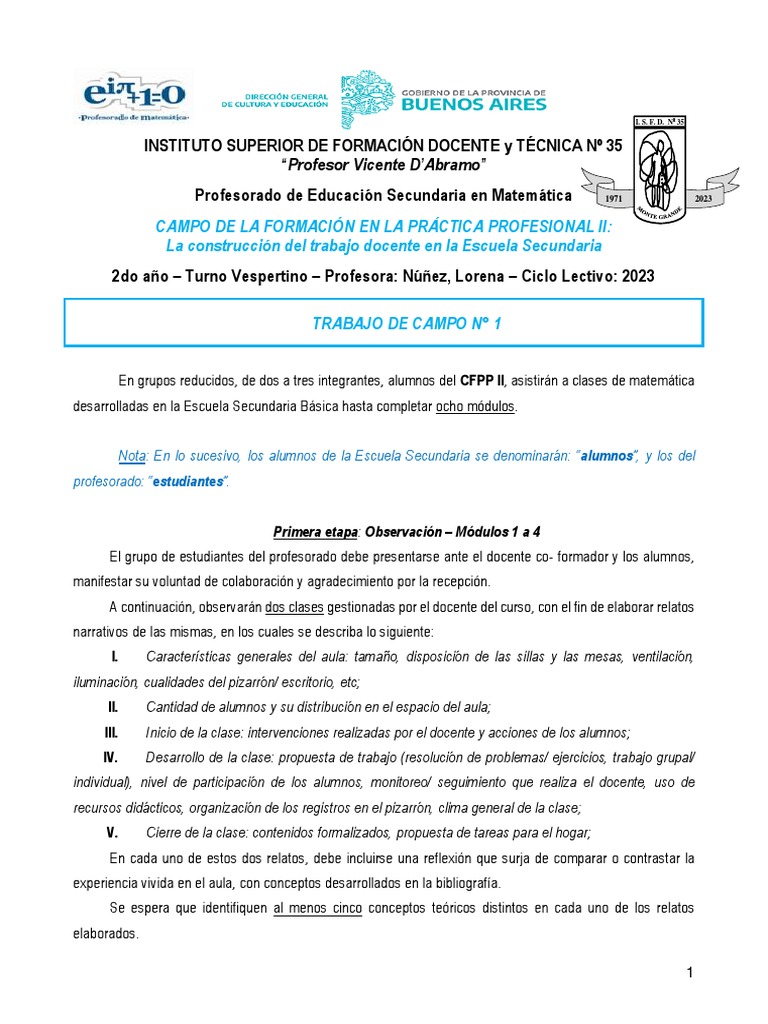 U2. 3. Trabajo de Campo N°1 - CFPP II - 2023 | PDF | Maestros | Salón de clases