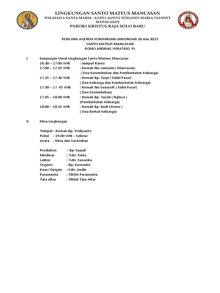 RENCANA AGENDA KUNJUNGAN LINKUNGAN 26 Mei 2023 | PDF