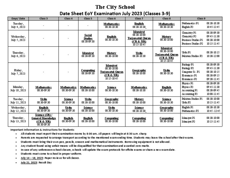 EoY 2022-23 (Class 3-9) Date Sheet (FINAL) | PDF | Science
