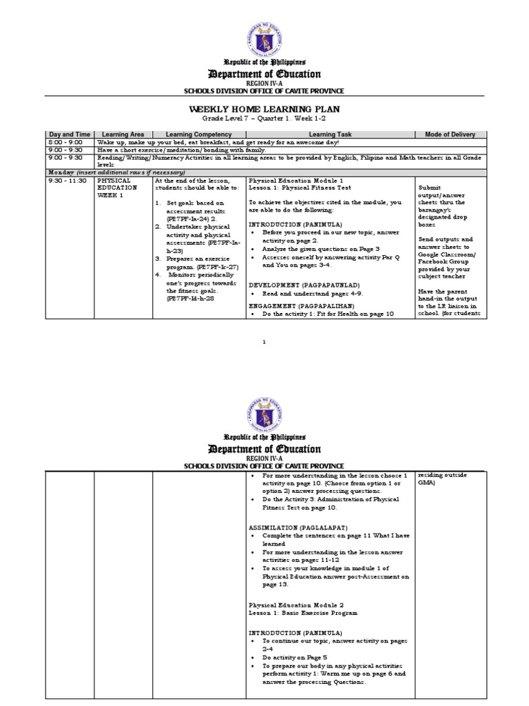 Weekly Home Learning Plan GRADE 7 PE Q1 | PDF | Physical Education | Cognitive Science