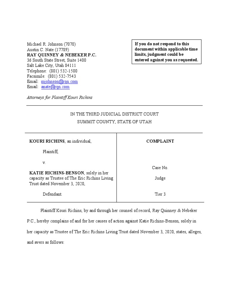 Lawsuit Filed by Kouri Richins Against Husband's Estate | Download Free PDF | Concurrent Estate ...