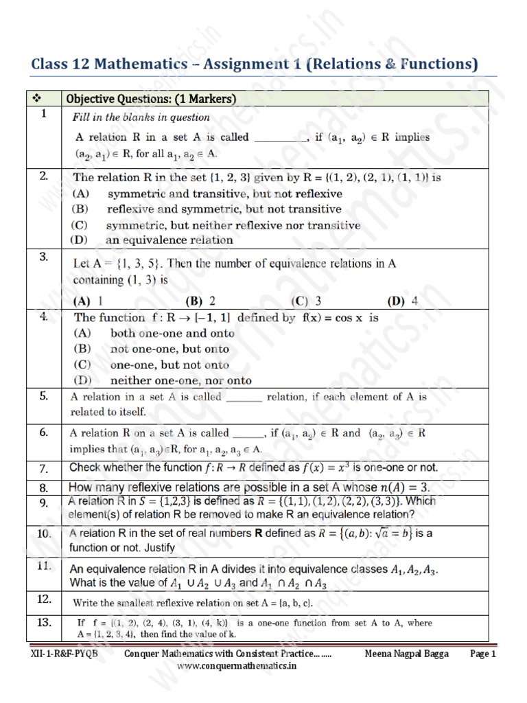Xii Assignment 1 R&F | PDF | Function (Mathematics) | Mathematical Concepts