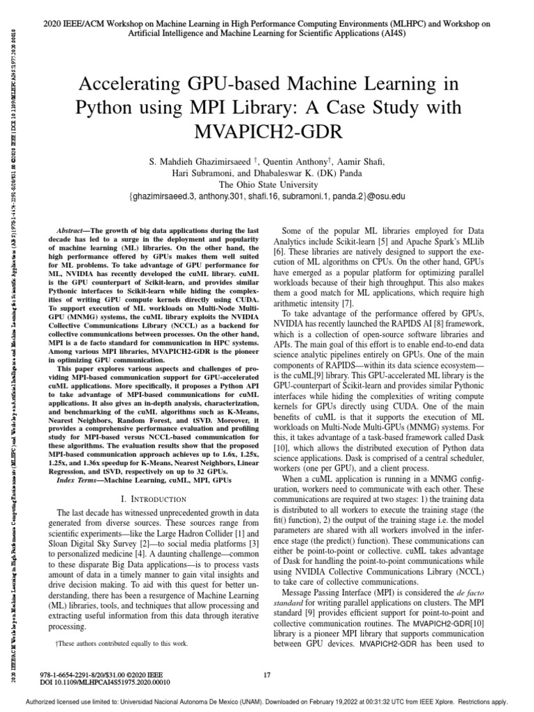 Accelerating Gpu Based Machine Learning Python 2020 Pdf Message Passing Interface Graphics