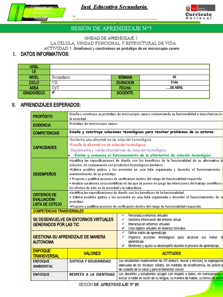 D-4º SES ACT 5-CYT-UND 2 - Sem3 | PDF | Aprendizaje | Evaluación